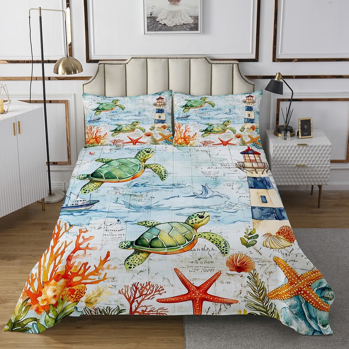 Erosebridal Kawaii Sea Turtle Bedspread Sets Twin Size, Orange Coral ...