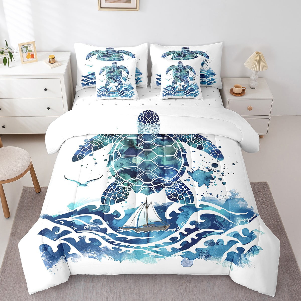 Erosebridal Kawaii Sea Turtle Comforter Sets Full Size, Ocean Waves ...