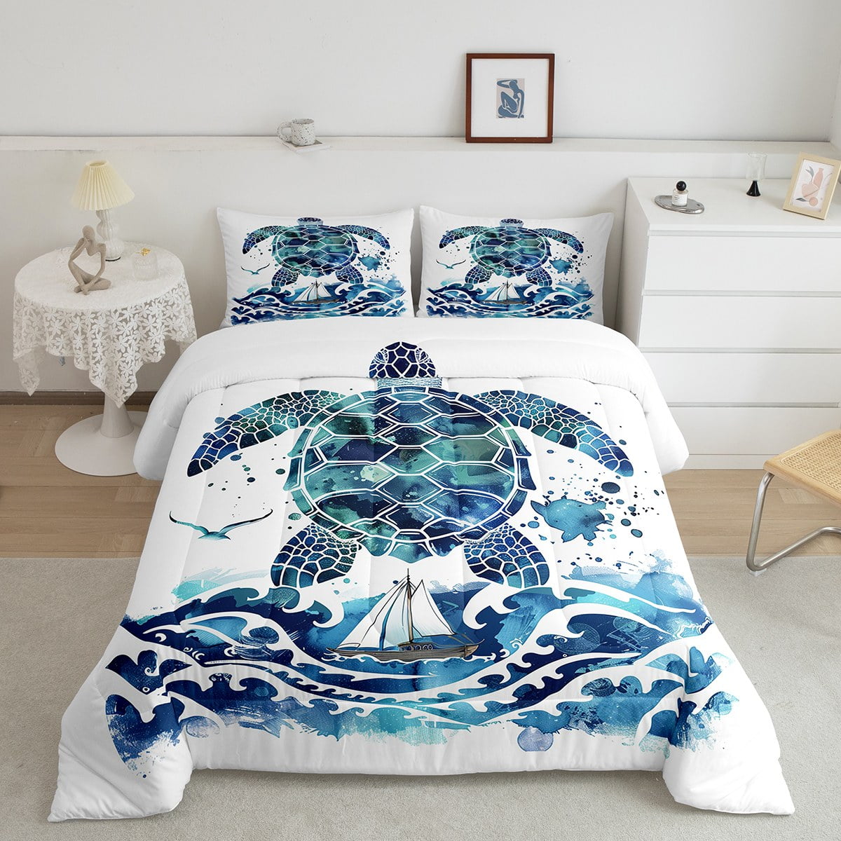 Erosebridal Kawaii Sea Turtle Comforter Sets King Size, Ocean Waves ...