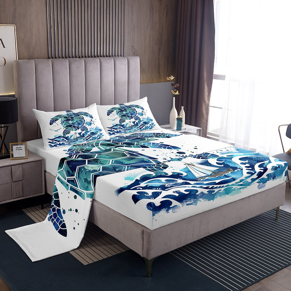 Erosebridal Kawaii Sea Turtle Queen Sheet Sets, Ocean Waves Bedding ...