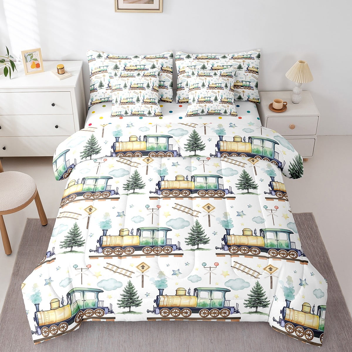 Erosebridal Kawaii Train Bedding King Size, Cartoon Railroad Bed in a ...