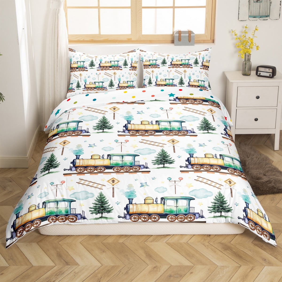 Erosebridal Kawaii Train Comforter Cover Full, Cartoon Railroad Bedding ...