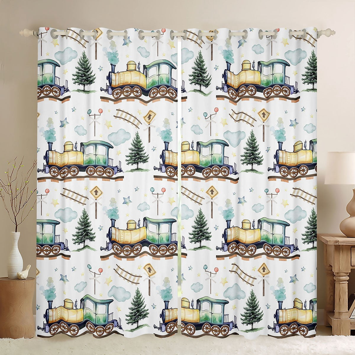 Erosebridal Kawaii Train Curtains for Living Room, Cartoon Railroad 30% ...