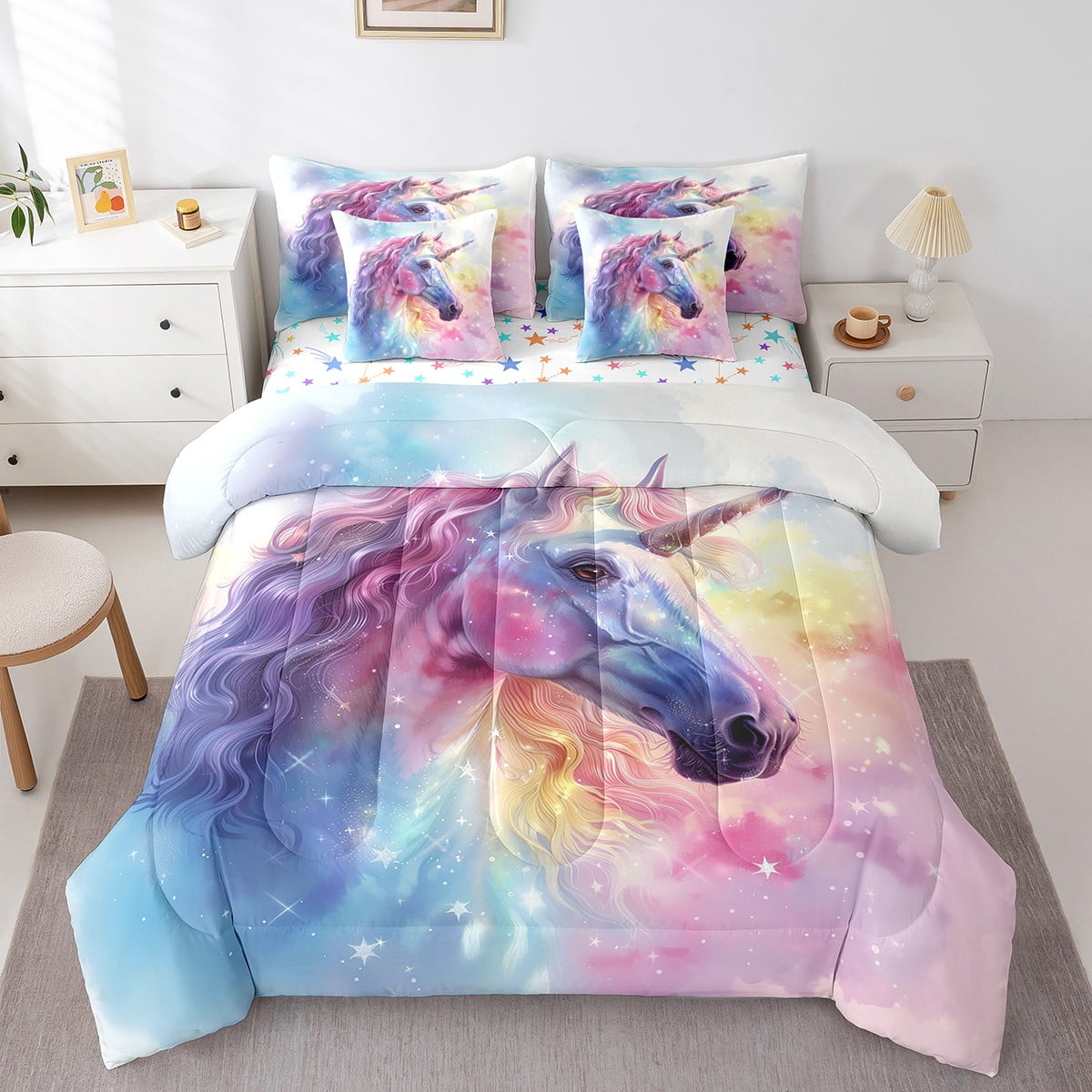 Erosebridal Kawaii Unicorn Bedding Queen Size,Dreamy Princess Comforter Sets with Sheets,Shining ...