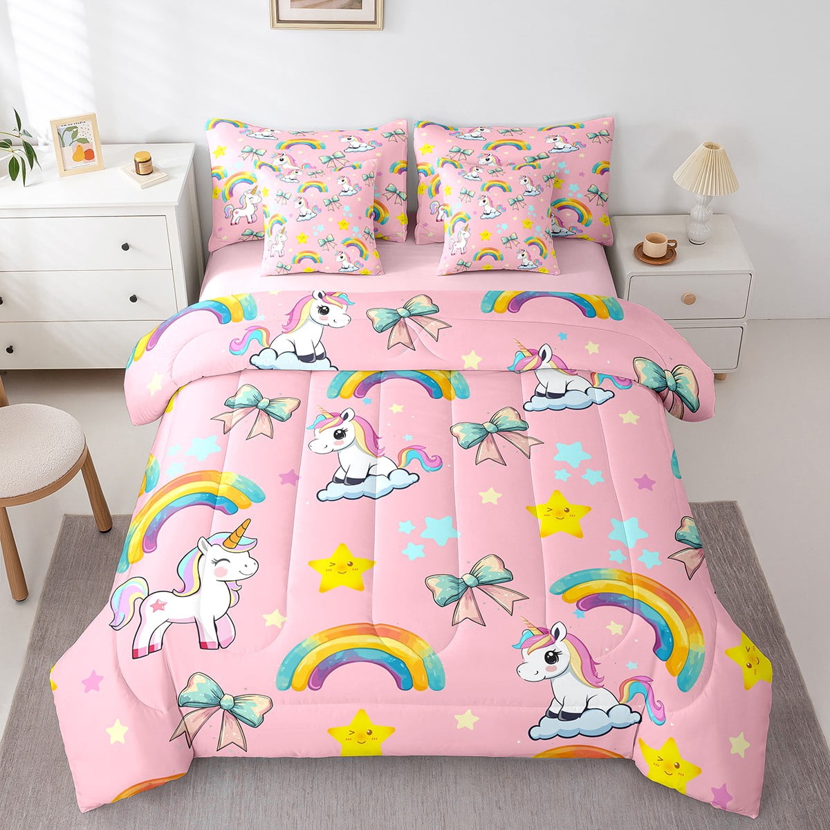 Erosebridal Kawaii Unicorn Rainbow Bedding Queen Size, Princess Bow ...