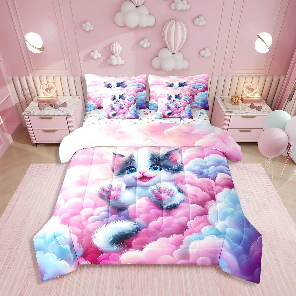 Erosebridal Cat Bedding Set,Pink Blue Cloud Twin Comforter Set 7 Piece ...
