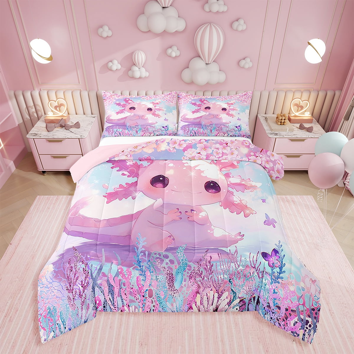 Erosebridal Cute Axolotl Comforter Set Twin Size Cherry Blossoms ...