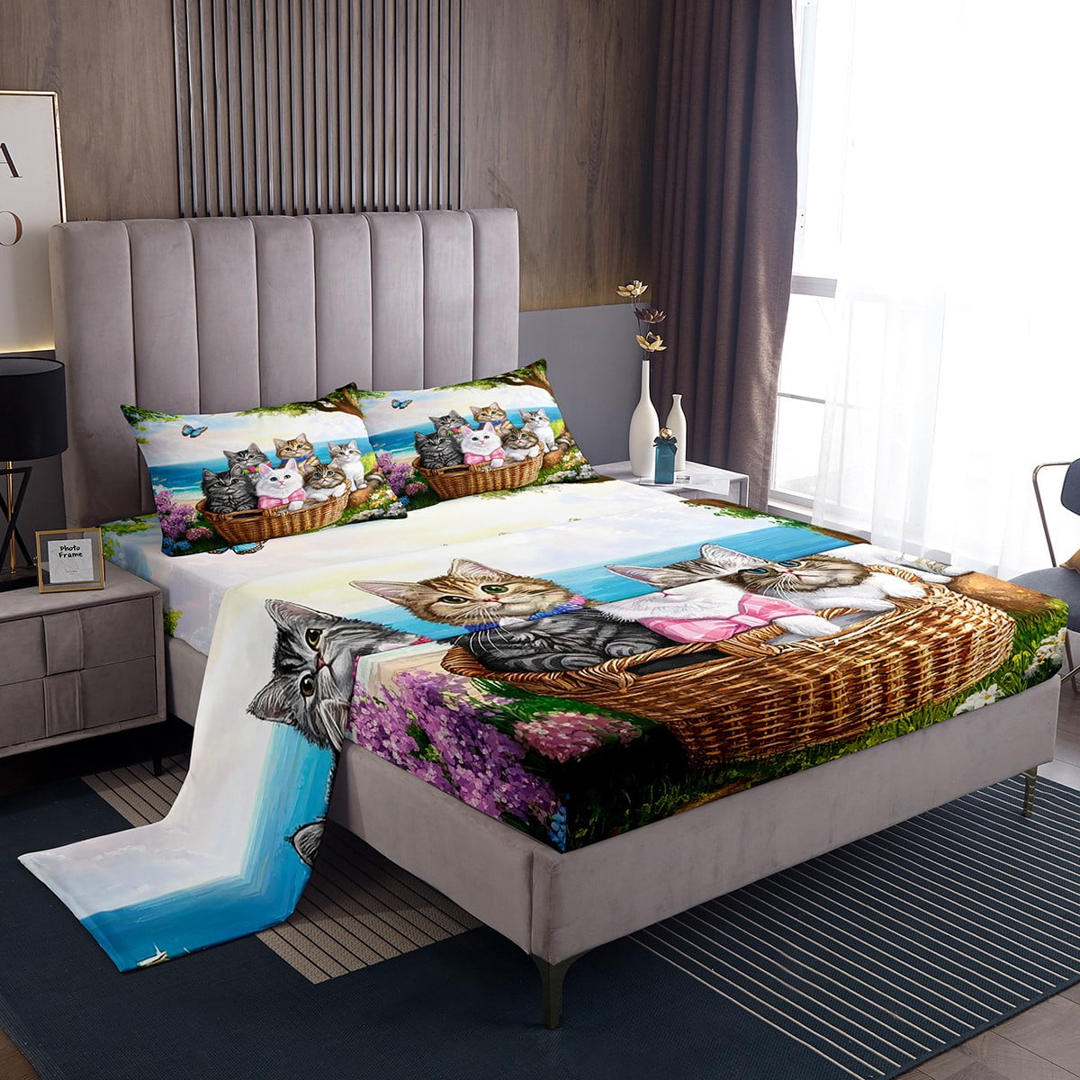 Erosebridal Cute Cats Sheet Set Queen Size Kawaii Kitten Print Bed ...