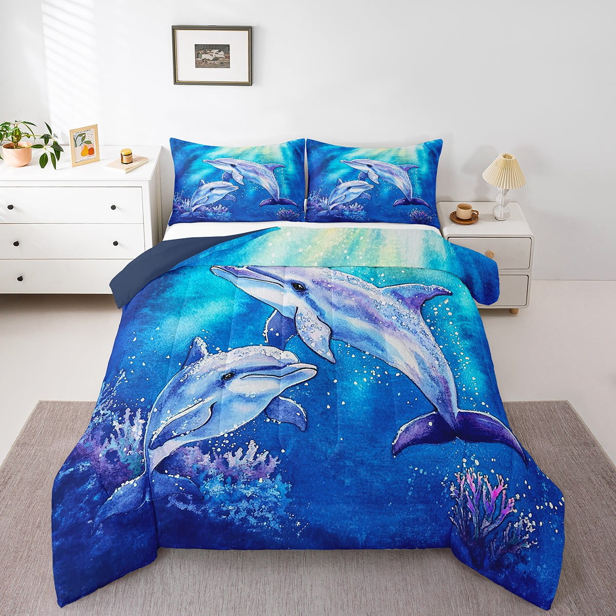 Erosebridal Dolphin Comforter Set Twin Size Ocean Marine Themed Bedding Set Cute Ocean Animal ...