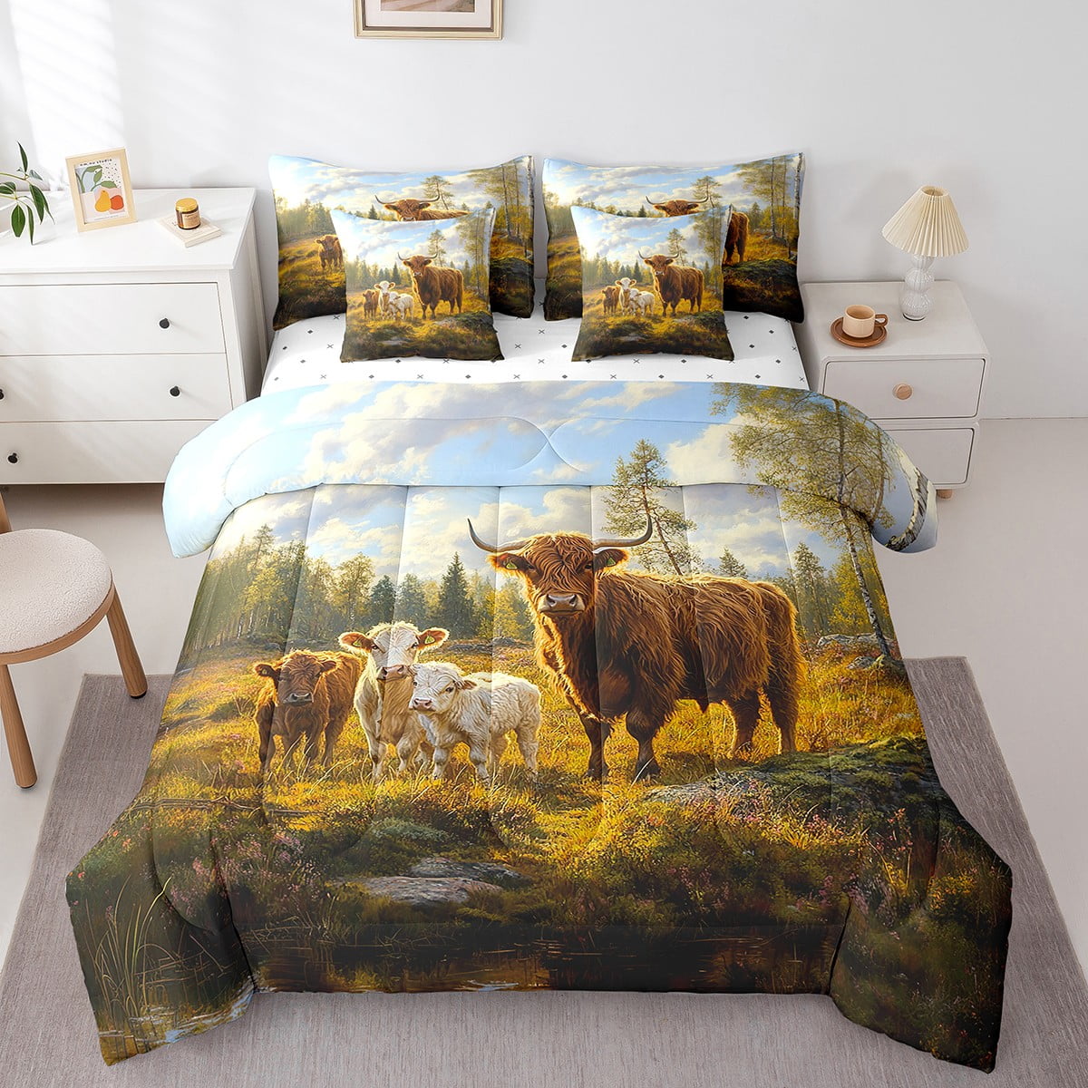 Erosebridal Highland Cow Bed in A Bag Full Size, Highland Cattle 7 Pieces Bedding Set Animal ...