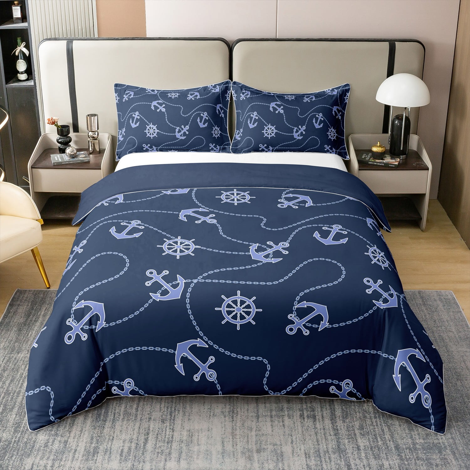Erosebridal Nautical Navy Blue Anchor Bedding Set Twin Size Sea Ocean Theme Anchor 100% Cotton ...