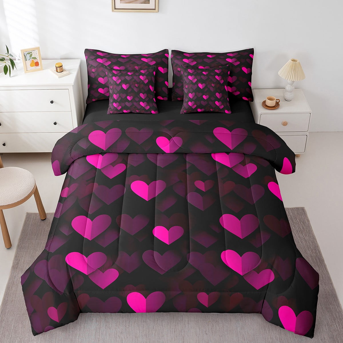 Erosebridal Pink and Black Comforter Set With Sheets7 piece Heart Love ...