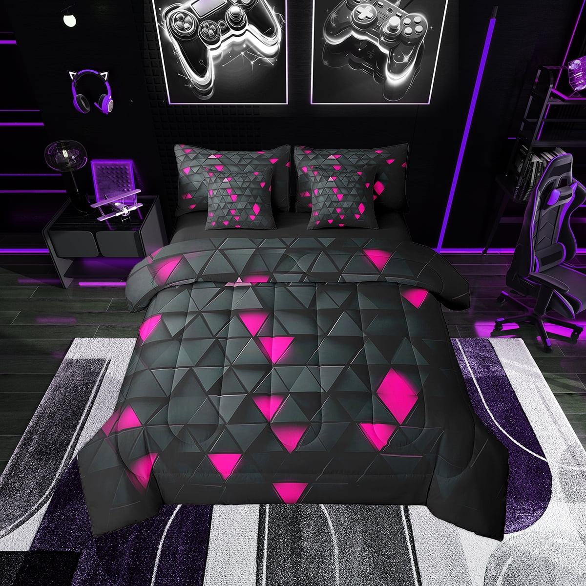 Erosebridal Pink and Black Comforter Set With Sheets7 piece Triangle ...