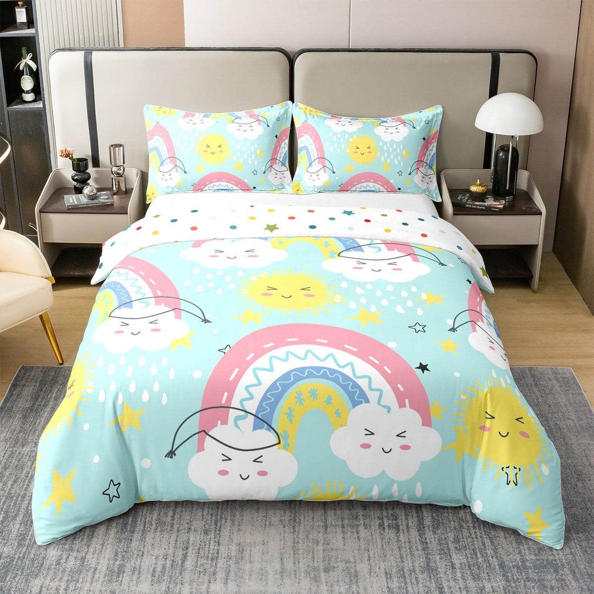 Erosebridal Rainbow 100% Cotton Duvet Cover King Size, Cute Cartoon Sun ...