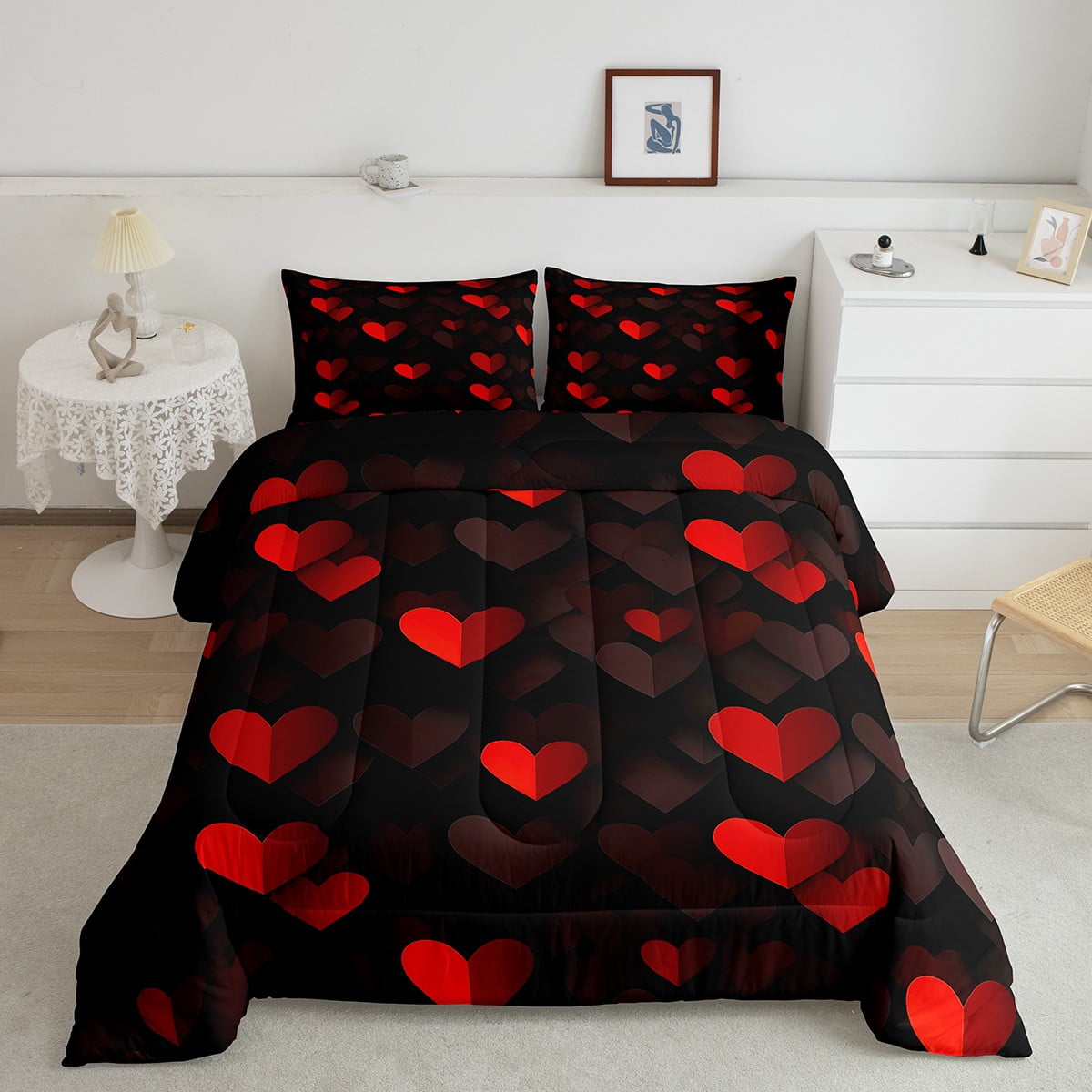 Erosebridal Red and Black Comforter Set Heart Love Bedding Set Full ...