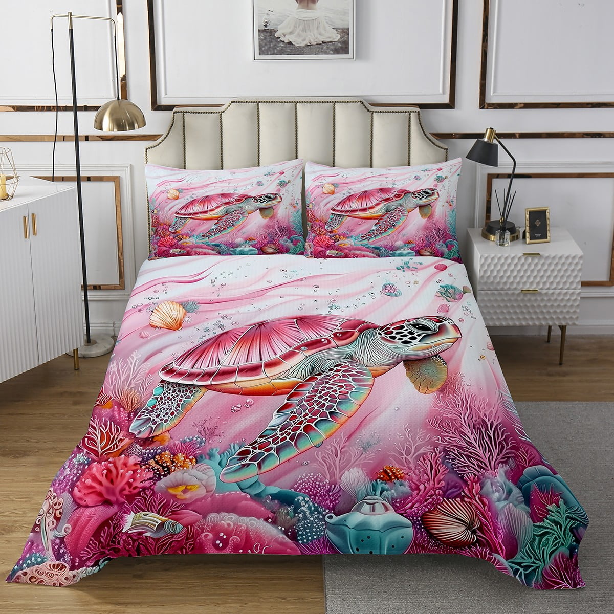 Erosebridal Kids Sea Turtle Quilt Sets for Queen Size Bed, Pink Ocean ...