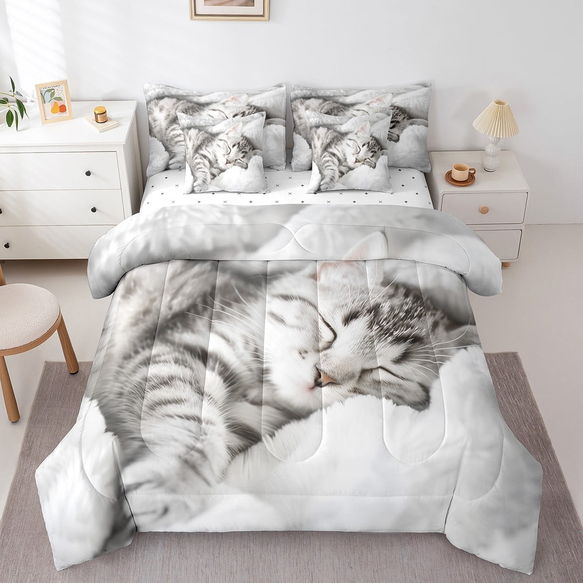 Erosebridal Sleeping Cat Bedding Set Full 7 Piece, 3D Cartoon Animal ...
