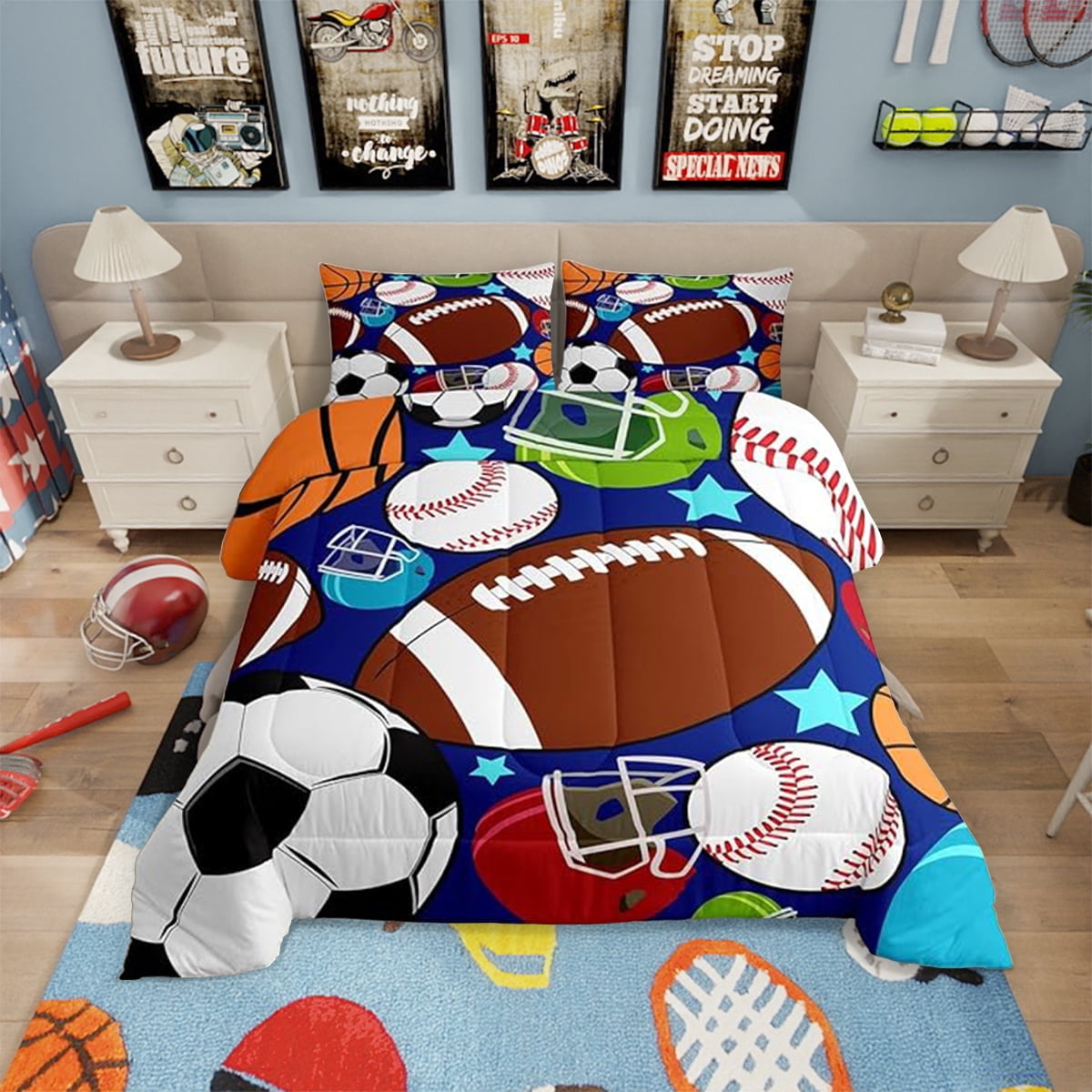 Erosebridal Sports Comforter Set Football Basketball Tennis Baseball ...