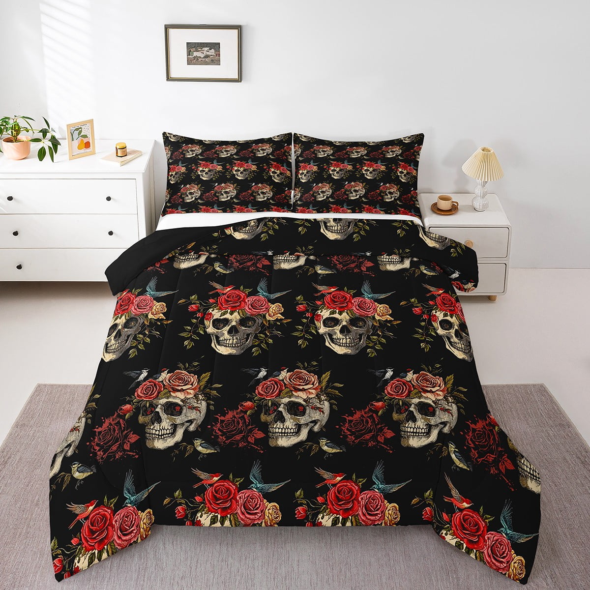 Erosebridal Sugar Skull Comforter Set Rose Skull Floral Bedding Set ...