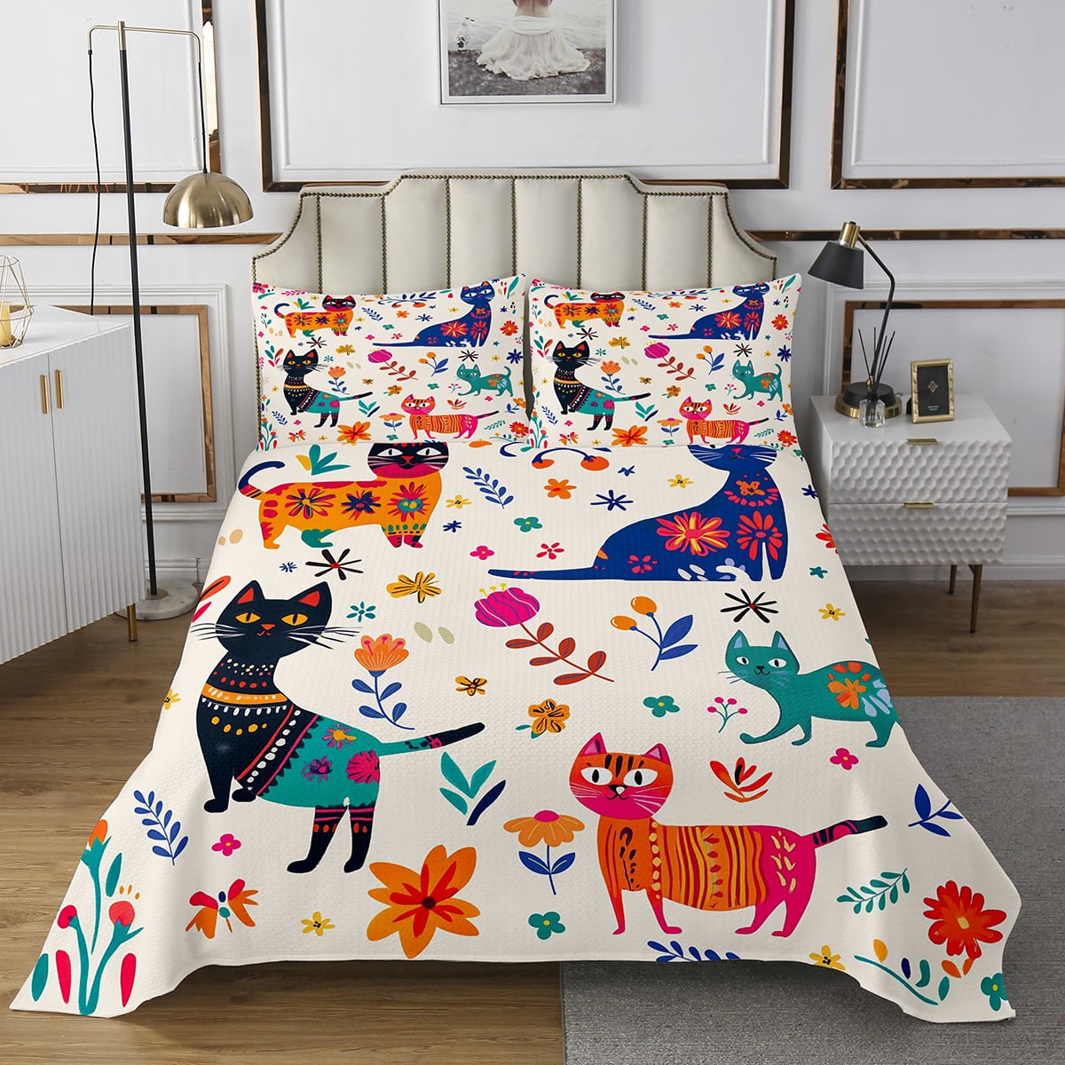 Erosebridal King Cat Bedding,Cartoon Cat Flowers Bedspread Set Teens ...