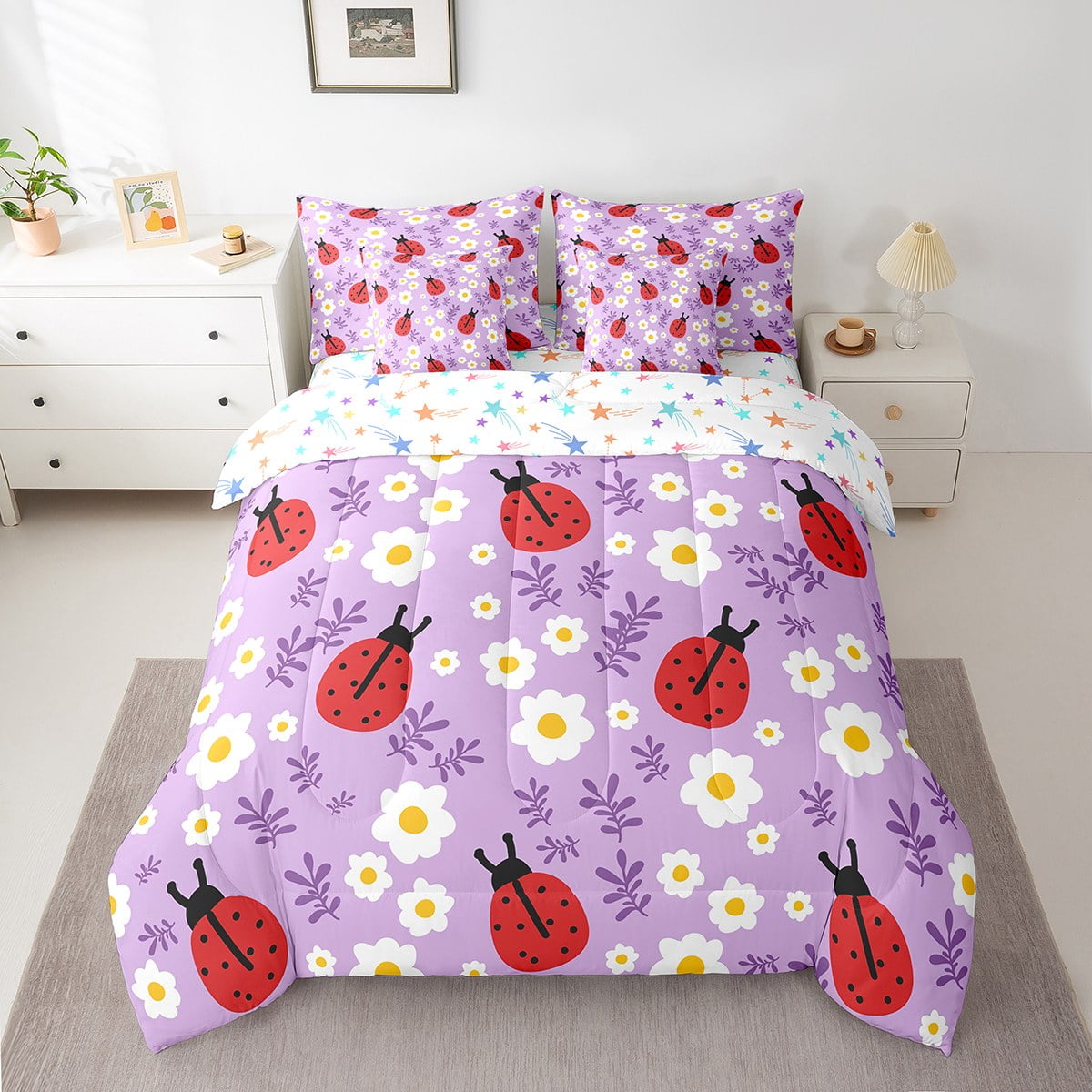 Erosebridal Ladybug Bedding Sets Queen Size for Teens, Purple Comforter ...