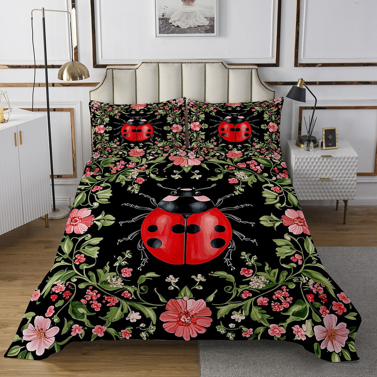 Erosebridal Ladybug Print Coverlet Set Queen, Flower Leaves Bed Quilt ...