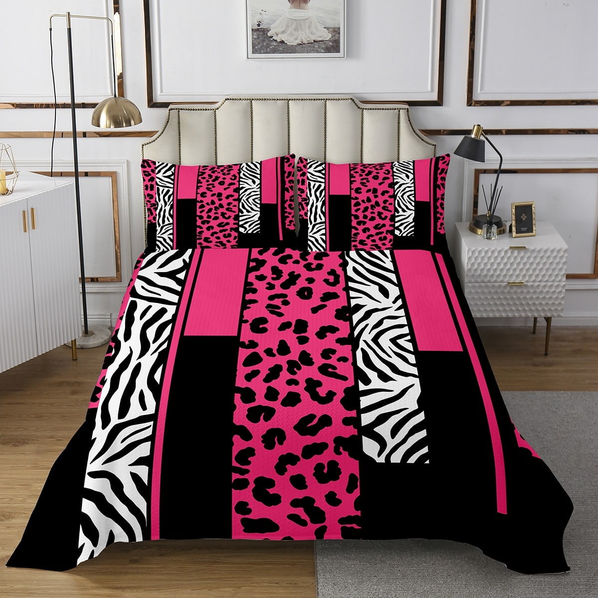 Erosebridal Leopard Print Quilt Sets for King Size Bed, Black Pink Bed ...