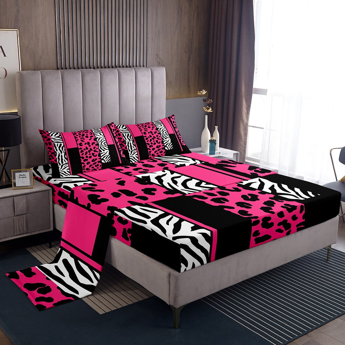 Erosebridal Leopard Print Sheet Set Full, Black Pink Bedding Sets Full ...