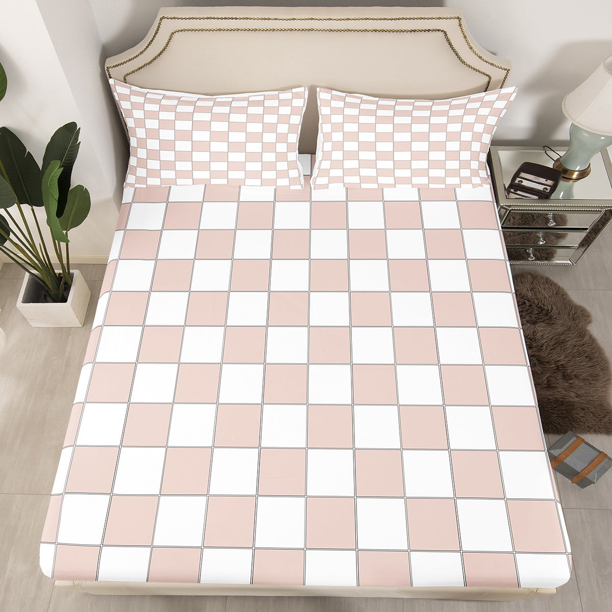 Erosebridal Light Pink Checkered Bedding Queen White Cream Checkerboard ...