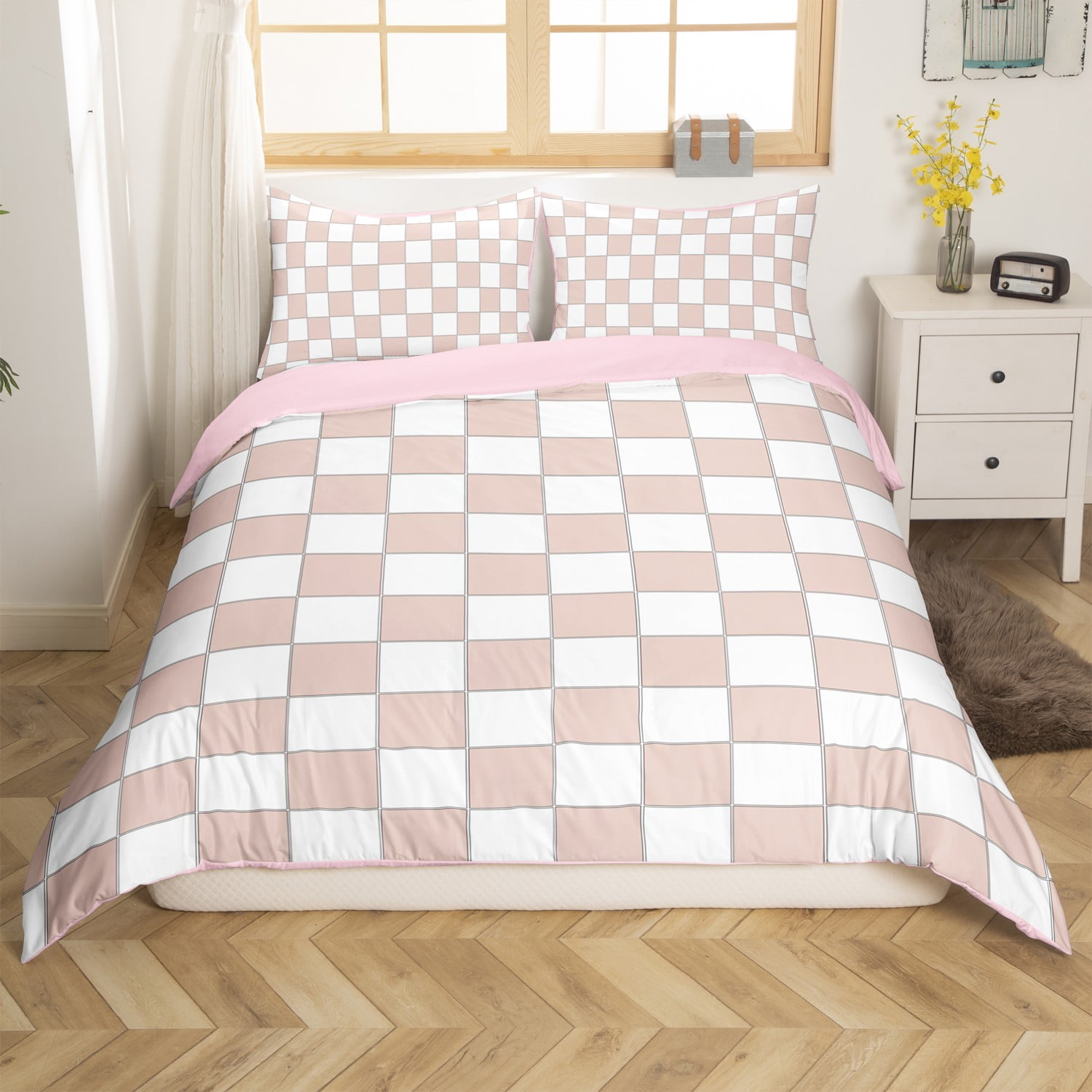Erosebridal Light Pink Checkered Duvet Cover King White Cream ...