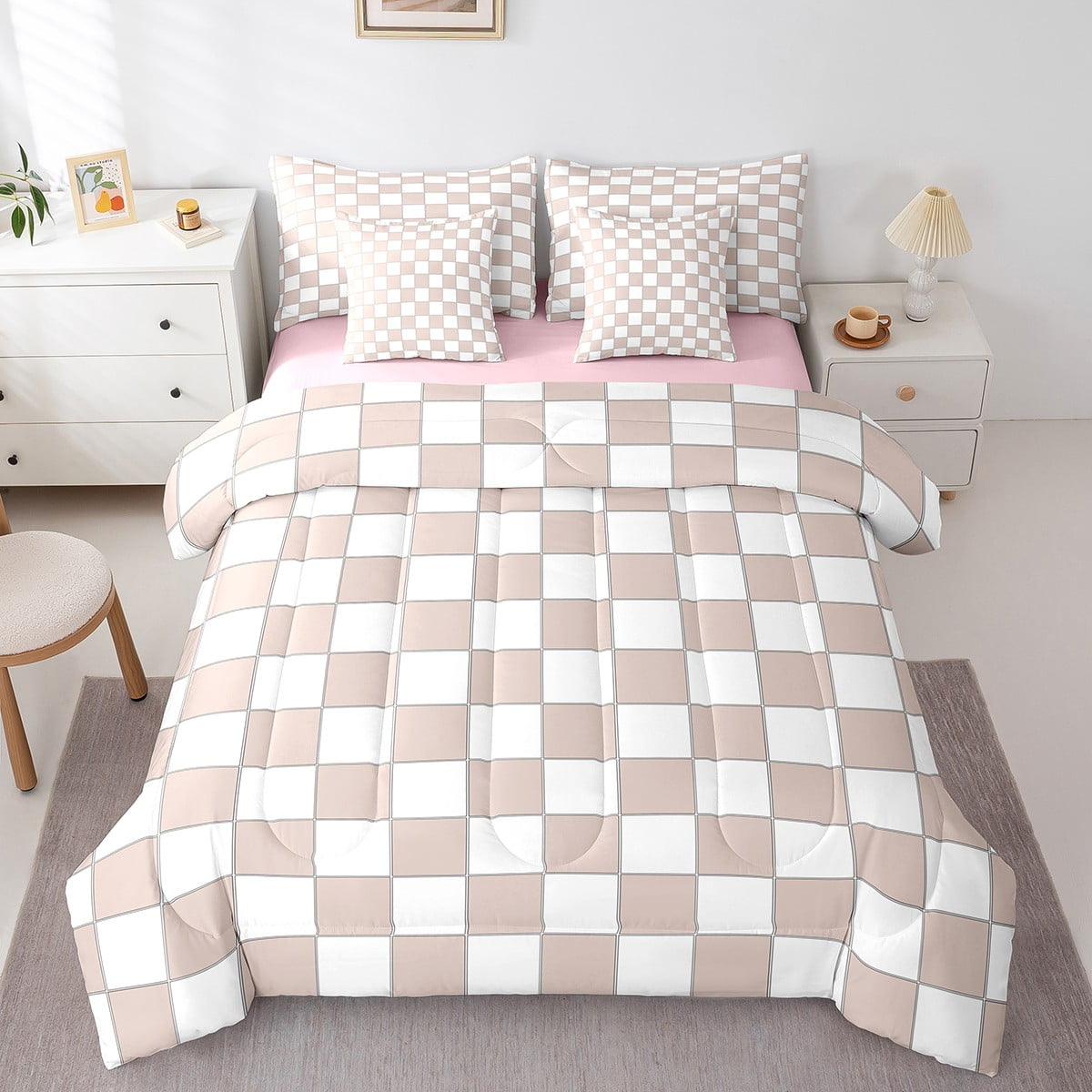 Erosebridal Light Pink Checkered Full Bed In A Bag 7 Piece White Cream ...