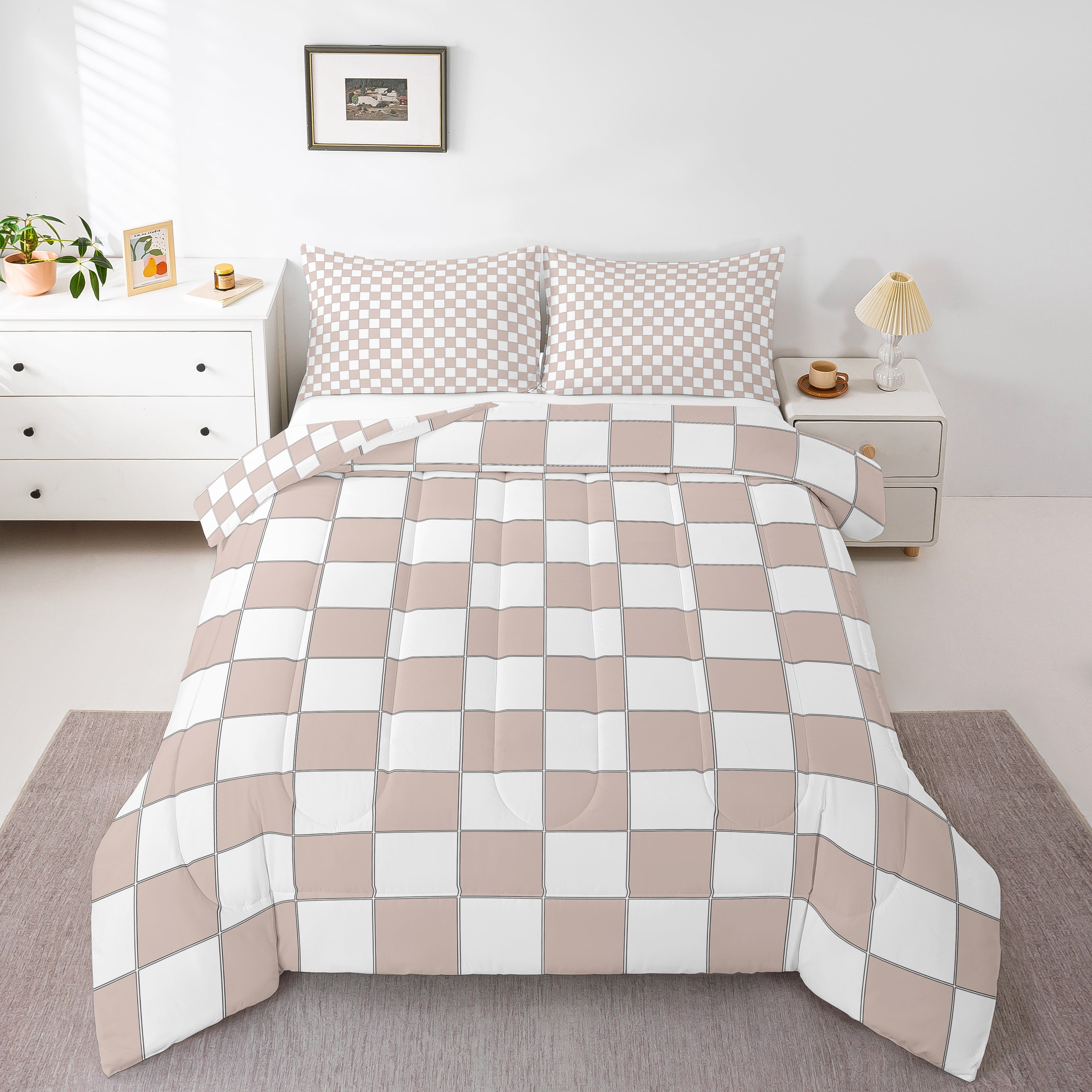 Erosebridal Light Pink Checkered Quilt Set Toddler White Cream ...