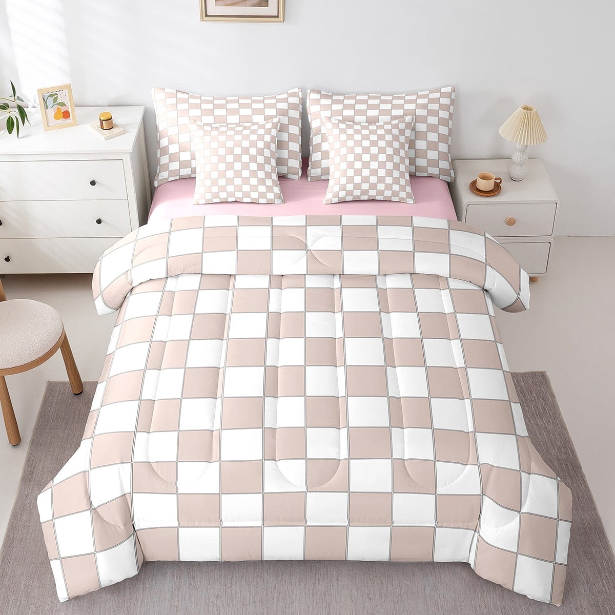Erosebridal Light Pink Checkered Twin Bed In A Bag 7 Piece White Cream ...