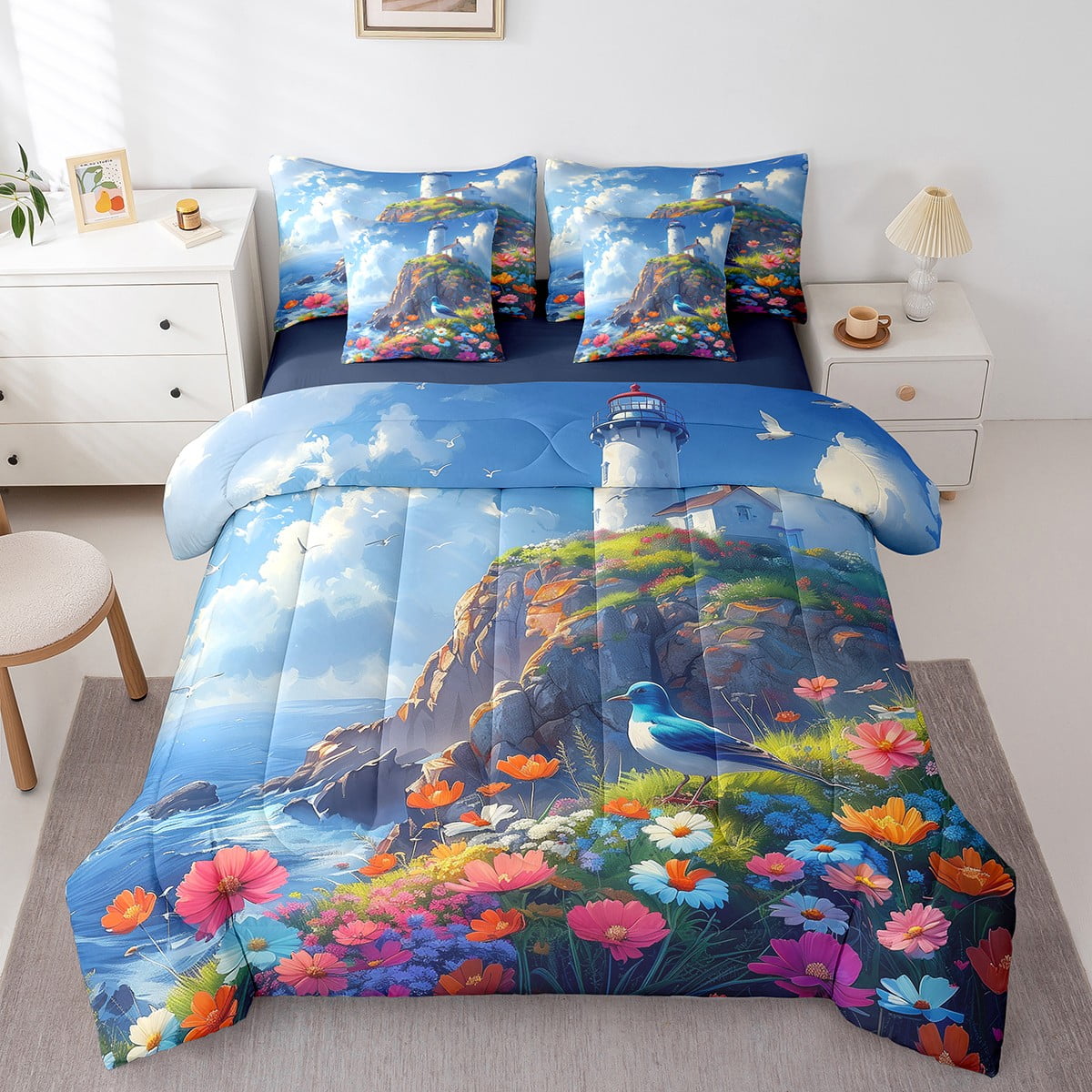 Erosebridal Lighthouse Bed in a Bag King size,Floral Bird Bedding King ...