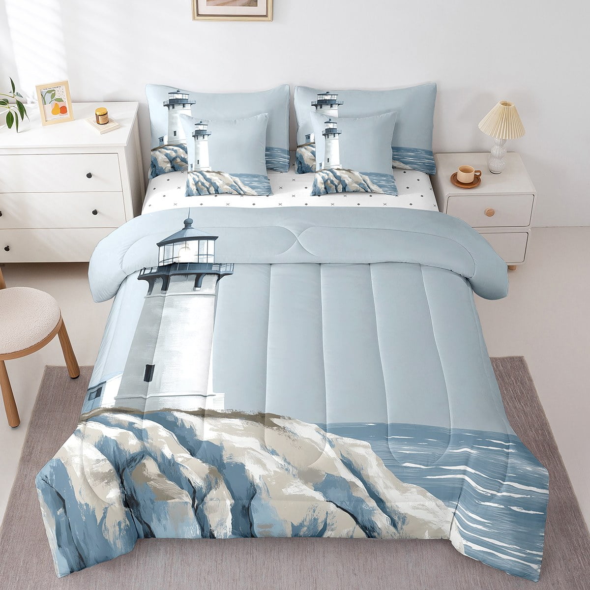 Erosebridal Lighthouse Bedding Queen Size, Coastal Nautical Bed in a ...