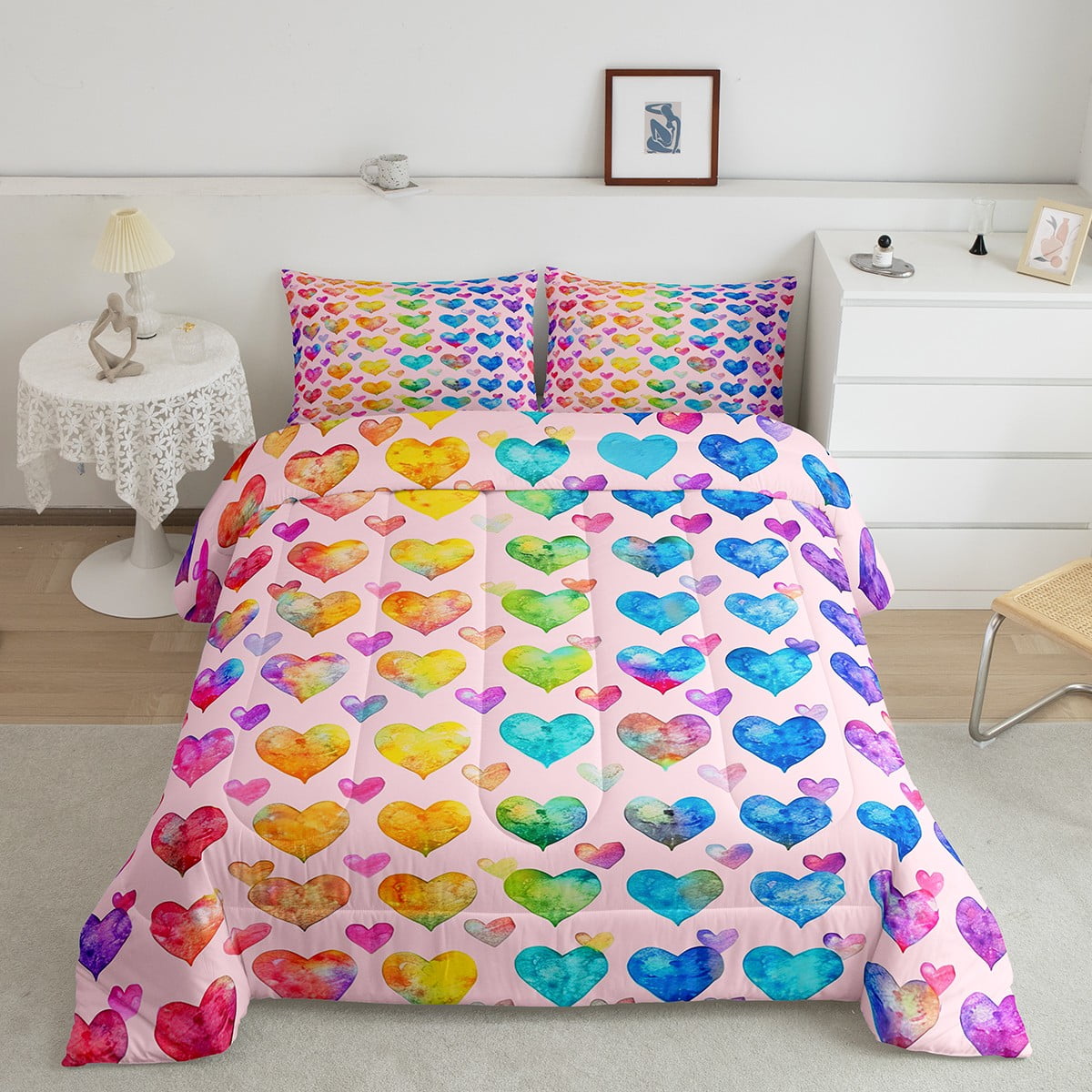Erosebridal Love Heart Comforter Sets Full Size, Watercolor Comforters ...