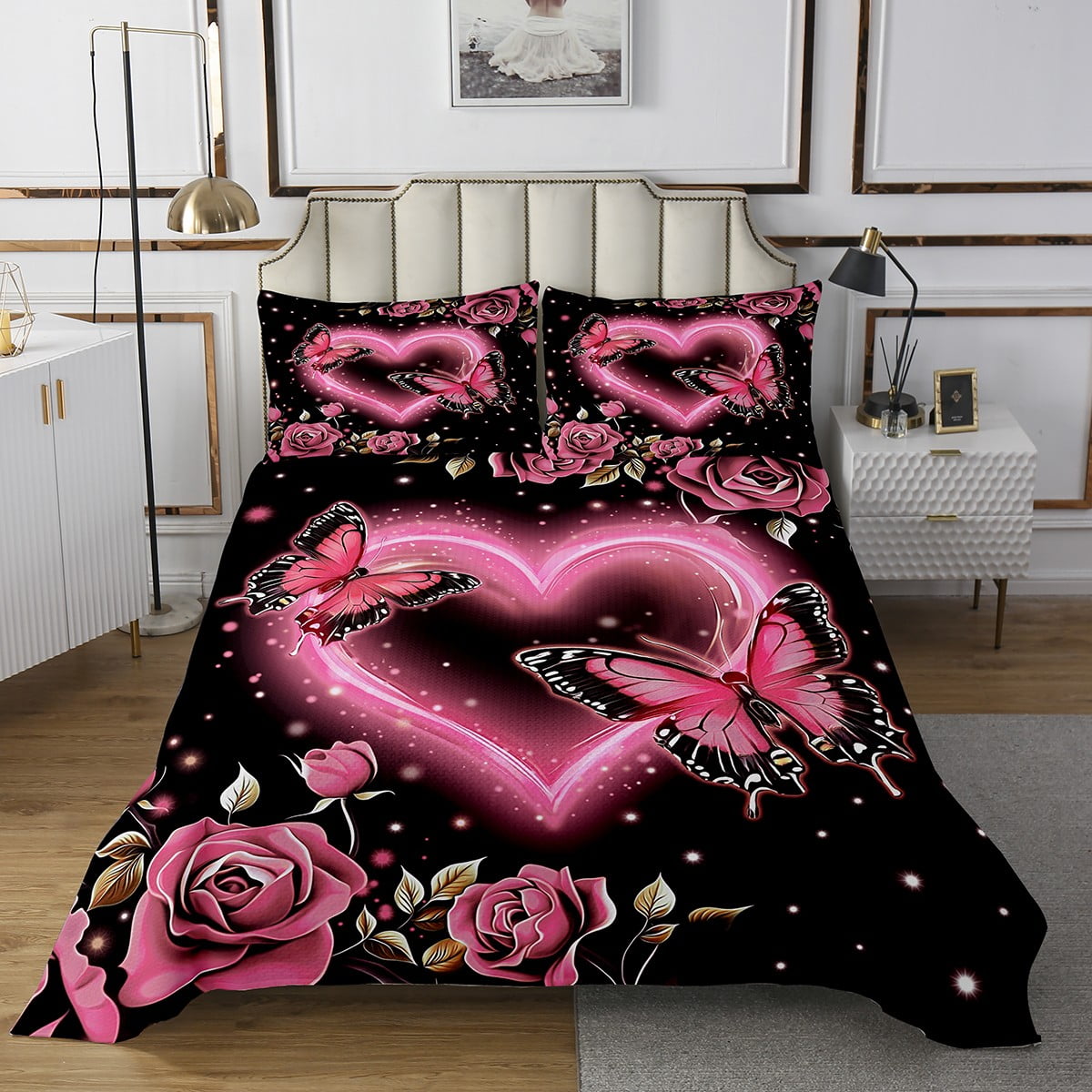 Erosebridal Love Heart Quilt Set,Romantic Rose Coverlet Set Queen,Pink ...