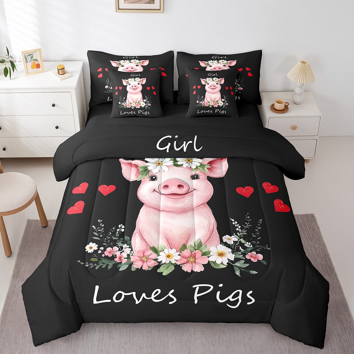 Erosebridal Loves Pig Bedding Sets Twin Size, Pink Flower Comforter ...