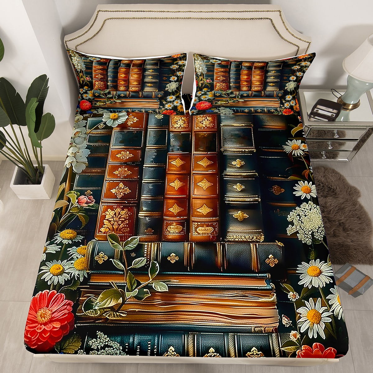 Erosebridal Magic Bookcase Fitted Sheet Full,Floral Flower Bedding Set ...