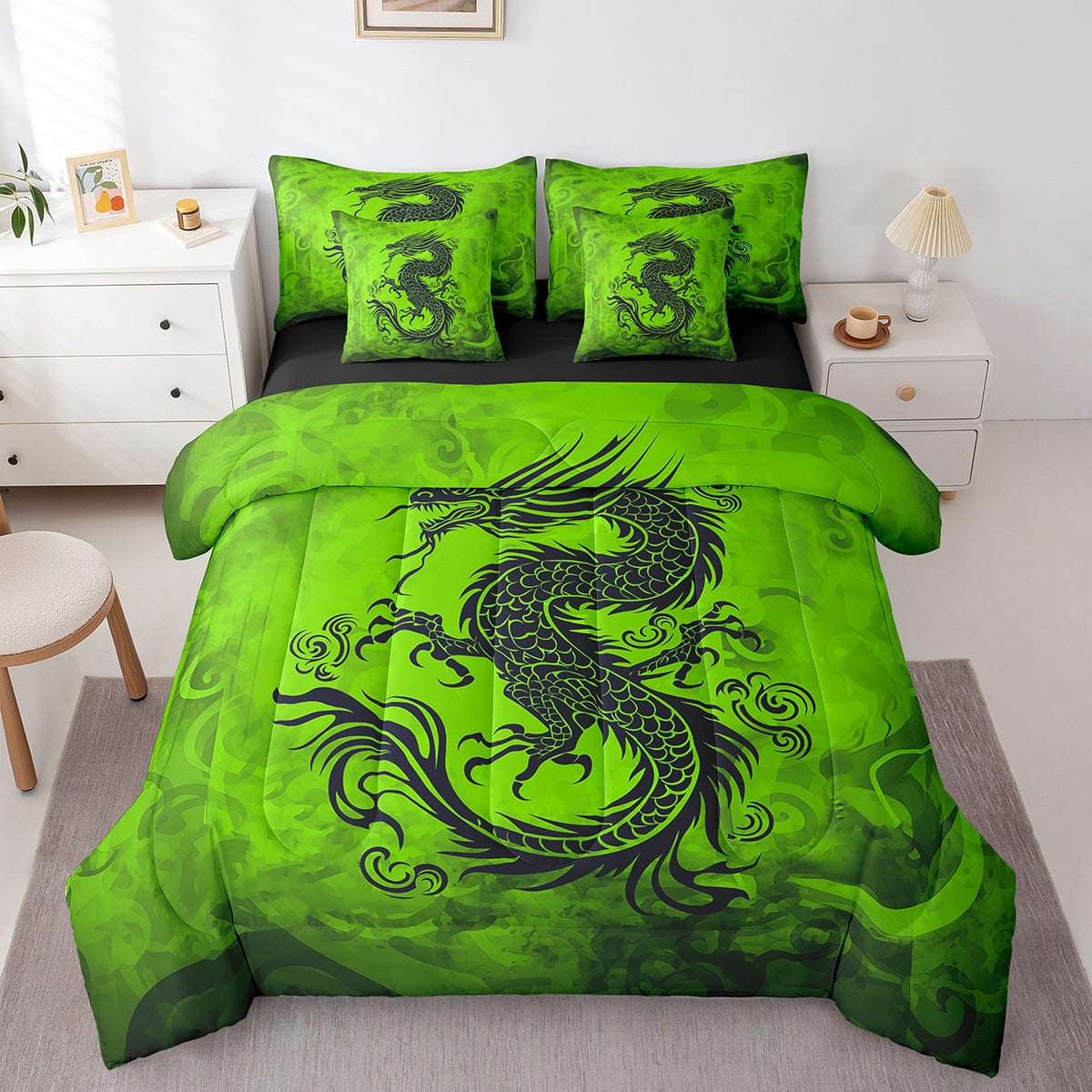 Erosebridal Magic Dragon Bedding King Size, Black and Green Bed in a ...
