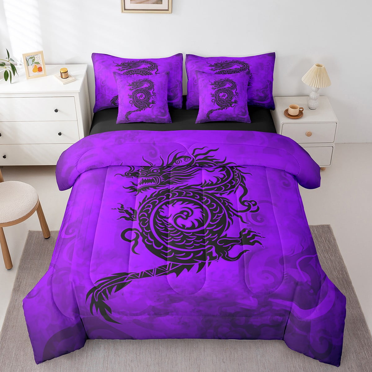 Erosebridal Magic Dragon Bedding Sets Queen Size, Black and Purple ...