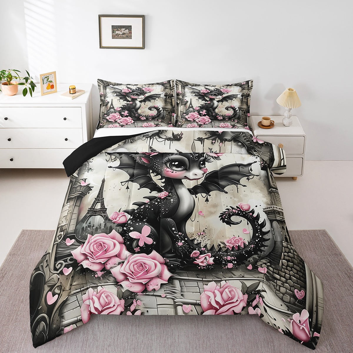 Erosebridal Magic Dragon Comforter Sets Queen Size,Rose Eiffel Tower ...