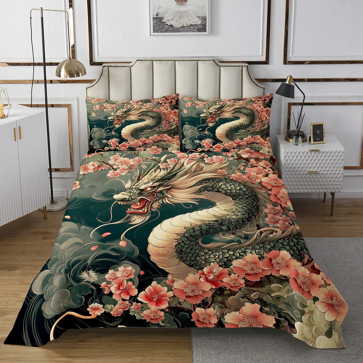 Erosebridal Magic Dragon Quilt Sets for King Size Bed, Vintage Flower ...