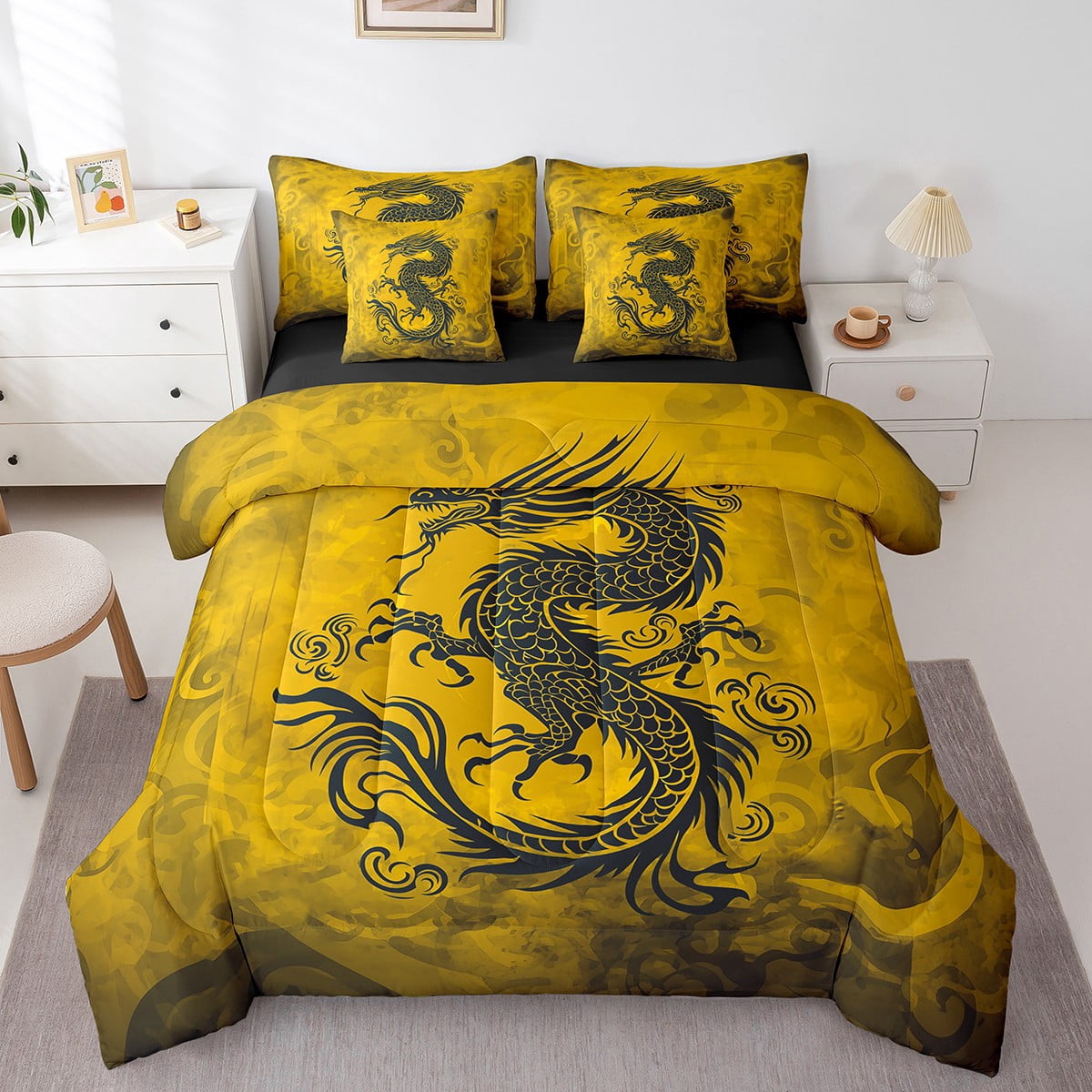 Erosebridal Magical Dragon Bedding Queen Size, Black Gold Bed in a Bag ...