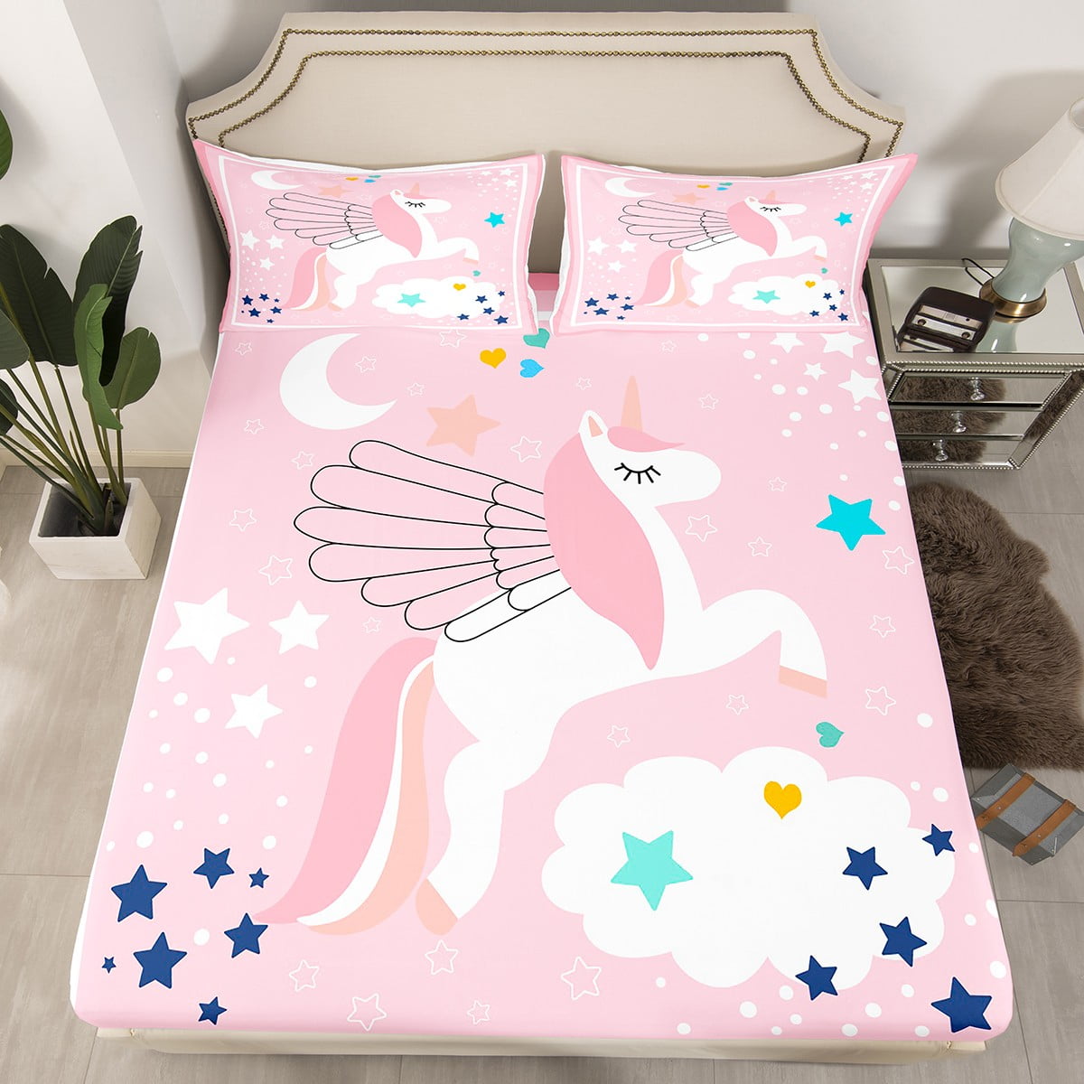 Erosebridal Magical Horse Fitted Sheet Full,Pink White Bedding Set Full ...