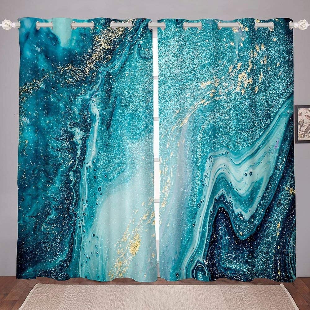 Erosebridal Marble Curtains for Living Room, Teal Blue Marble Window ...