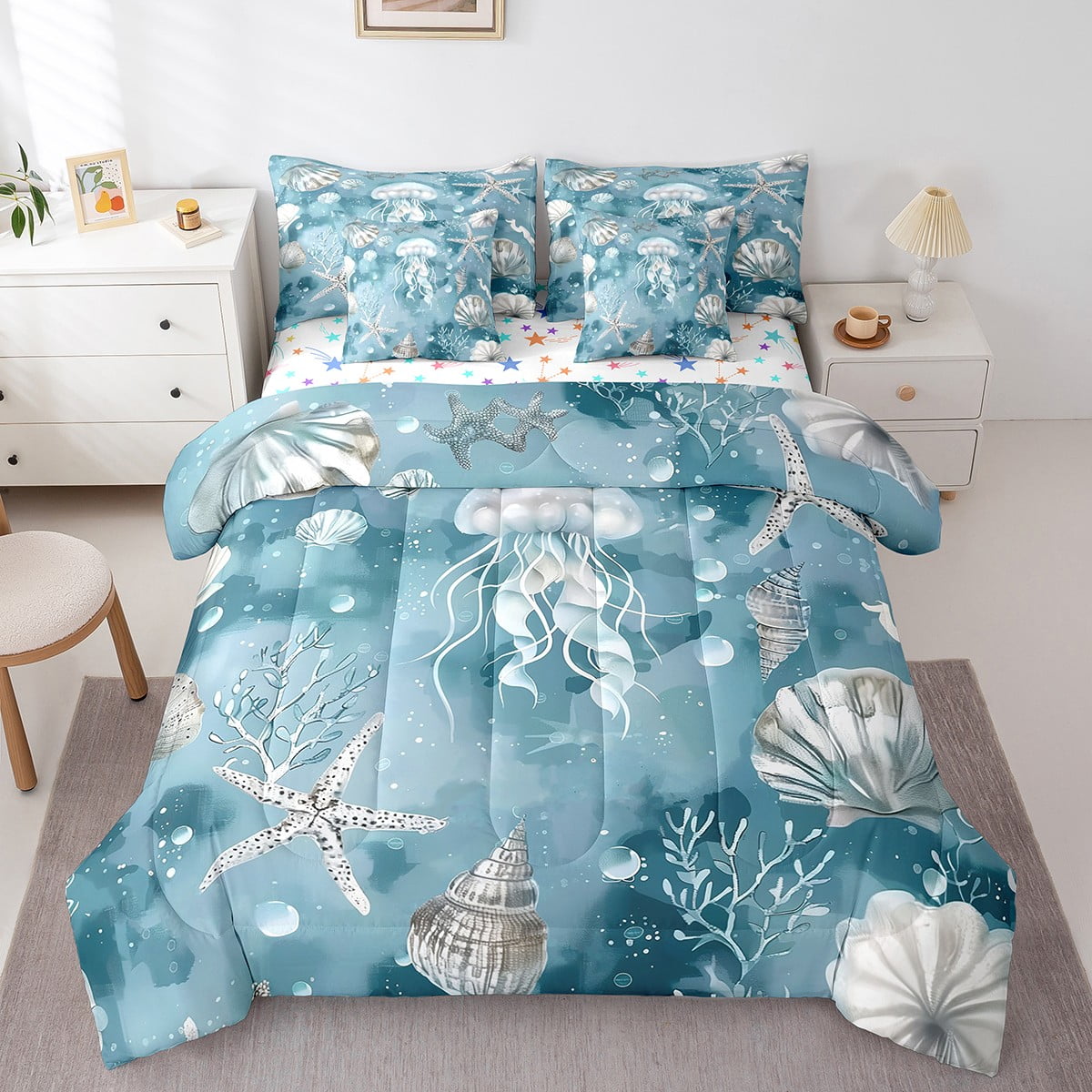 Erosebridal Marine Jellyfish Bedding King Size, Cute Starfish Bed in a ...
