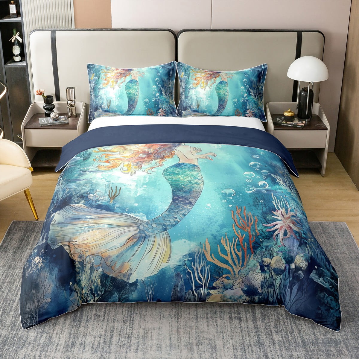 Erosebridal Marine Mermaid 100% Cotton Comforter Cover King,Underwater ...