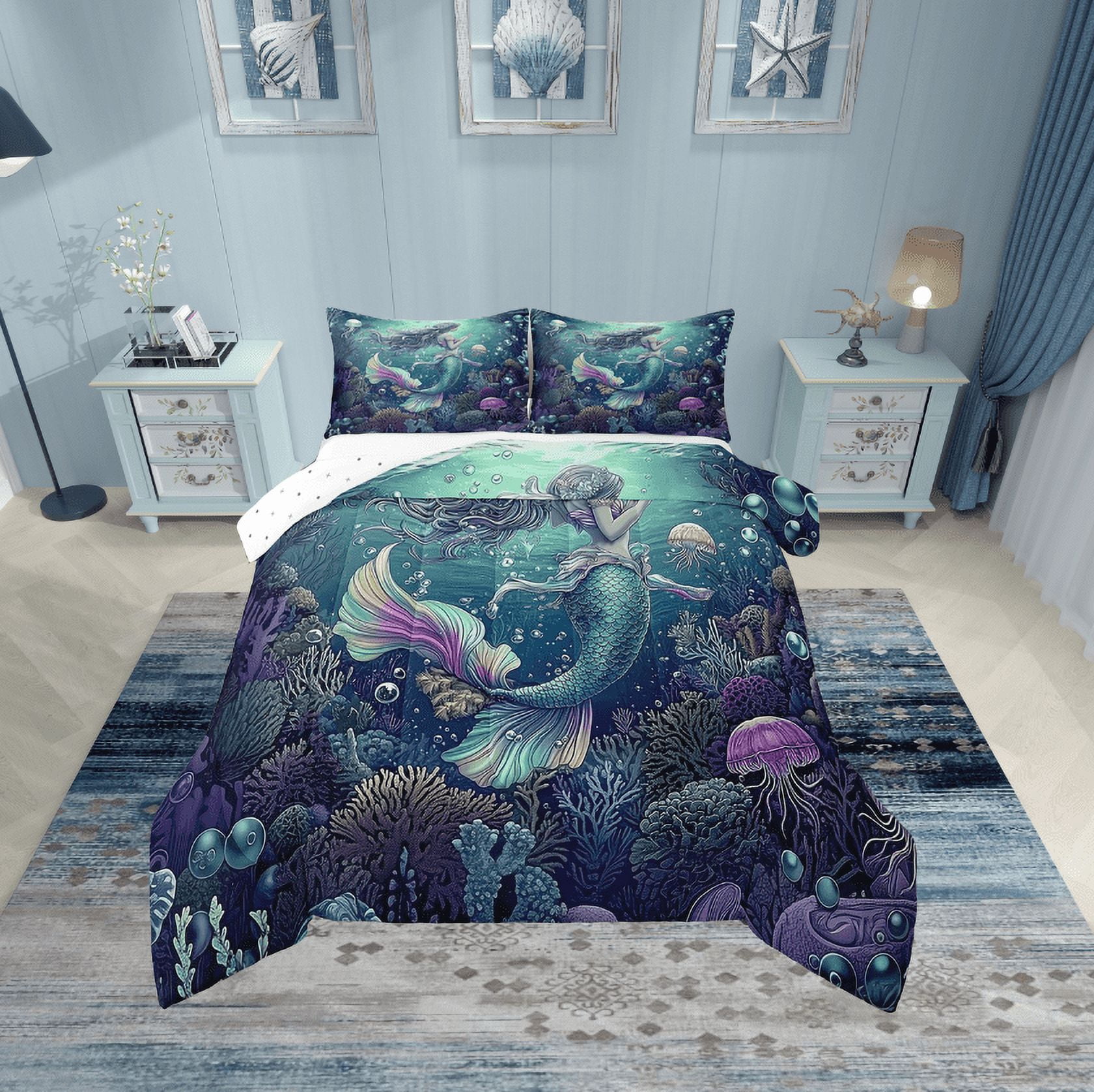 Erosebridal Marine Mermaid Comforter Sets Queen Size,Underwater World ...