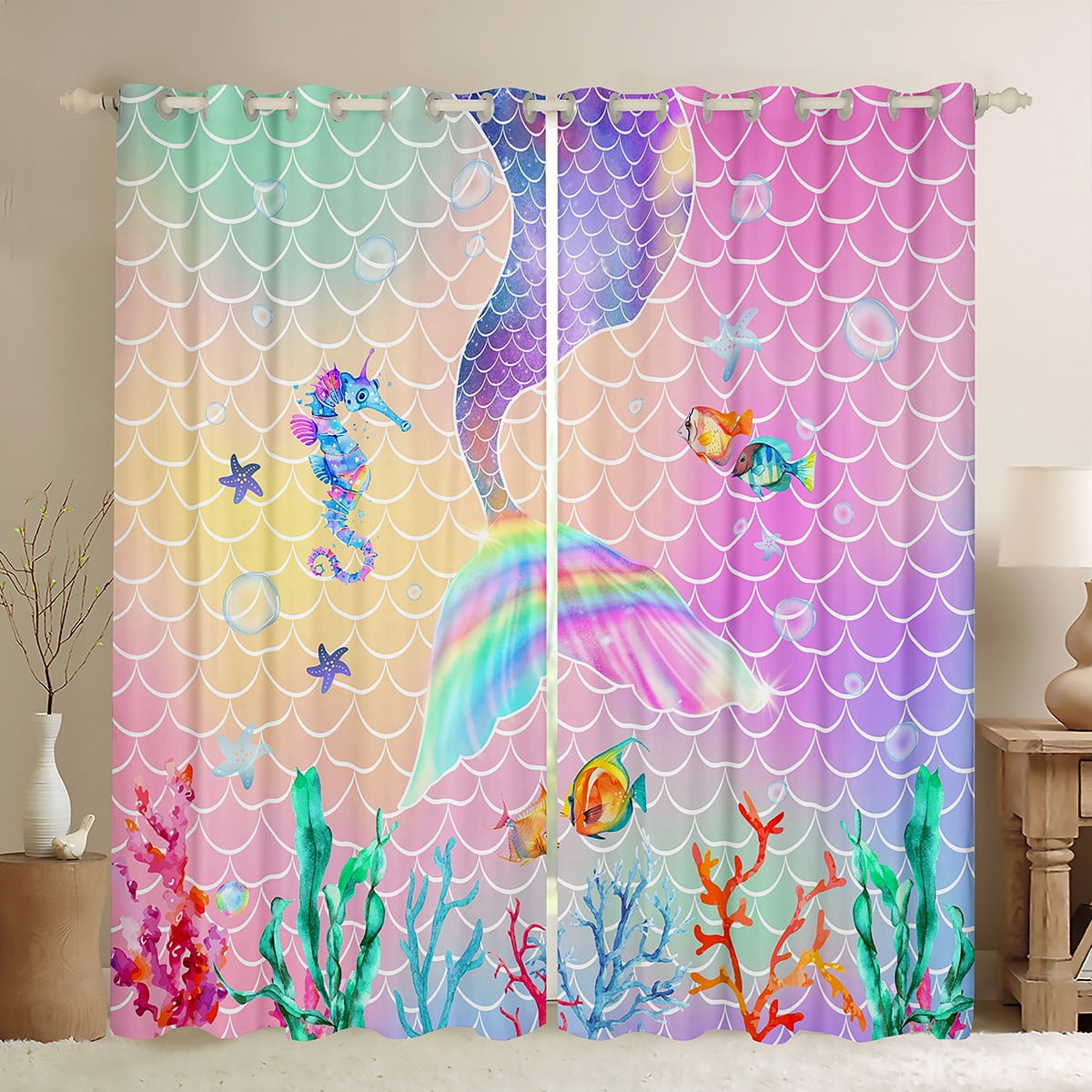 Erosebridal Mermaid Curtains,Mermaid Tail Curtains & Drapes,3D Colorful ...